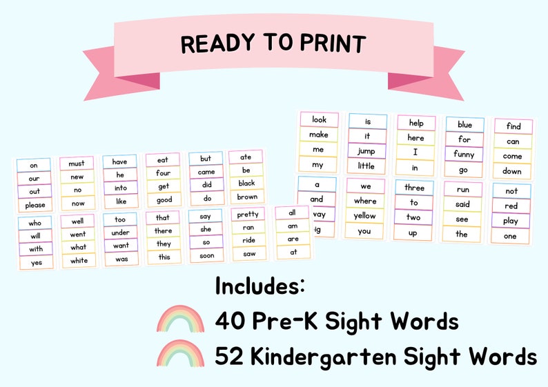 Pre-k and Kindergarten Sight Words - Etsy