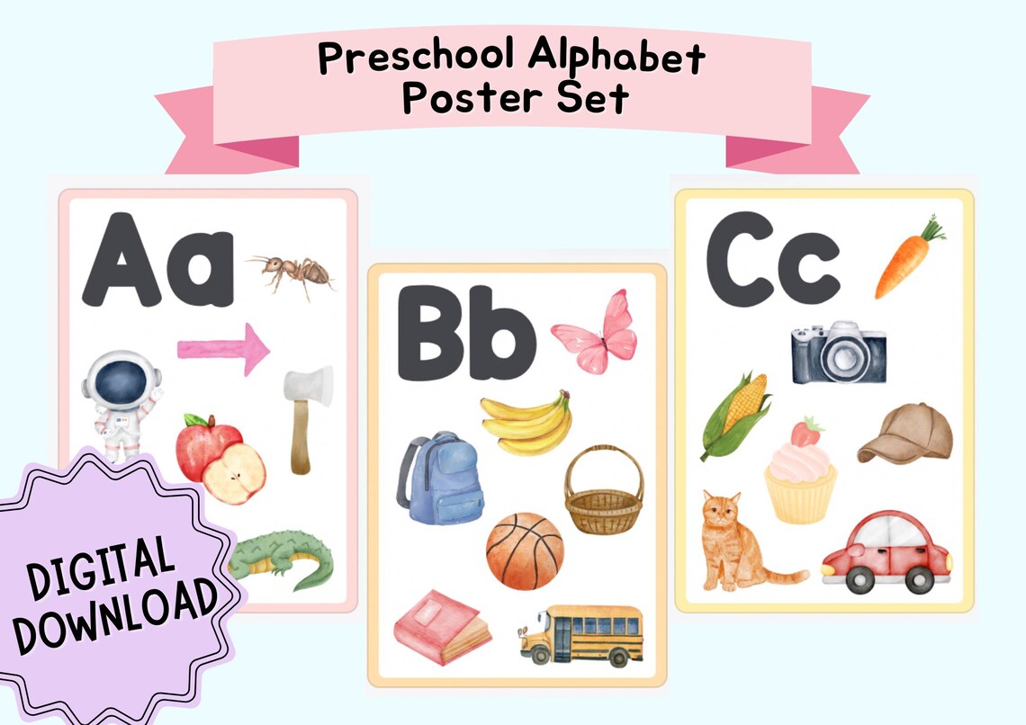 Preschool Alphabet Posters Set, Aa to Zz, Pastel Colors - Etsy