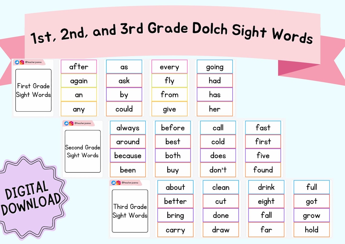 1st, 2nd, and 3rd Grade Dolch Sight Words - Etsy
