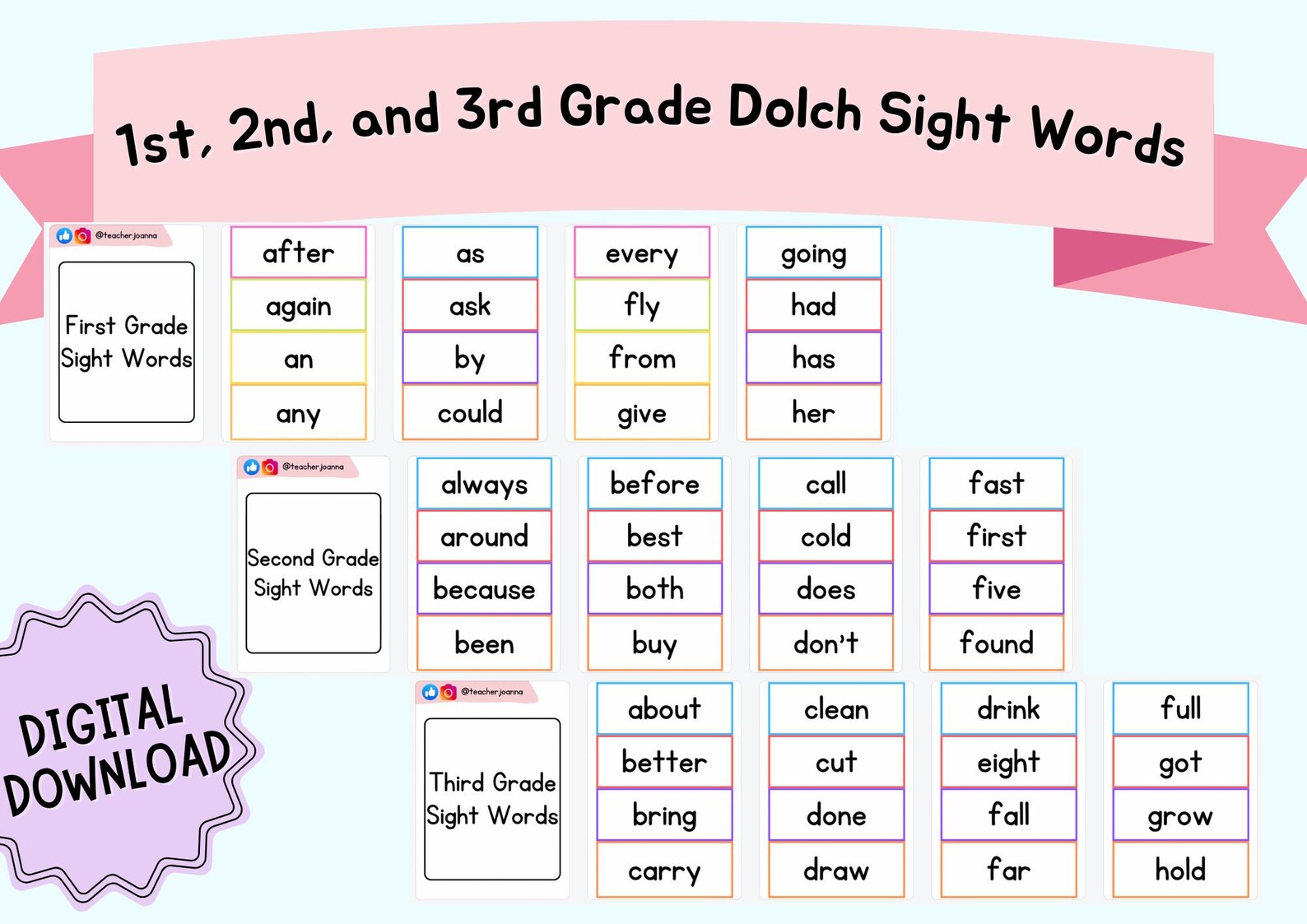 1st, 2nd, and 3rd Grade Dolch Sight Words - Etsy