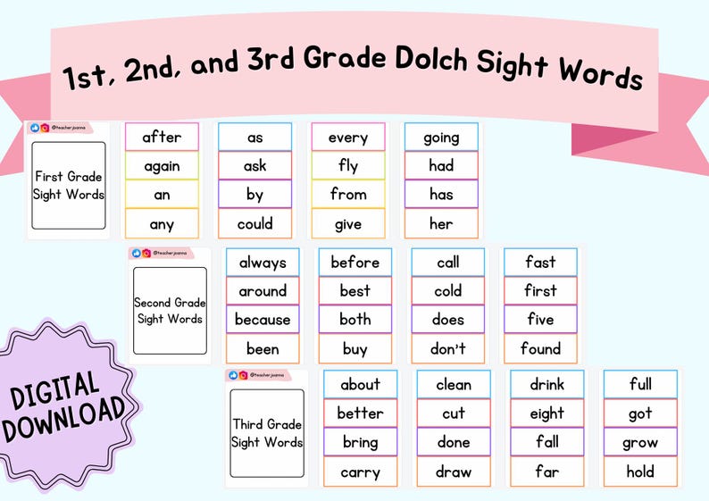 1st, 2nd, and 3rd Grade Dolch Sight Words - Etsy