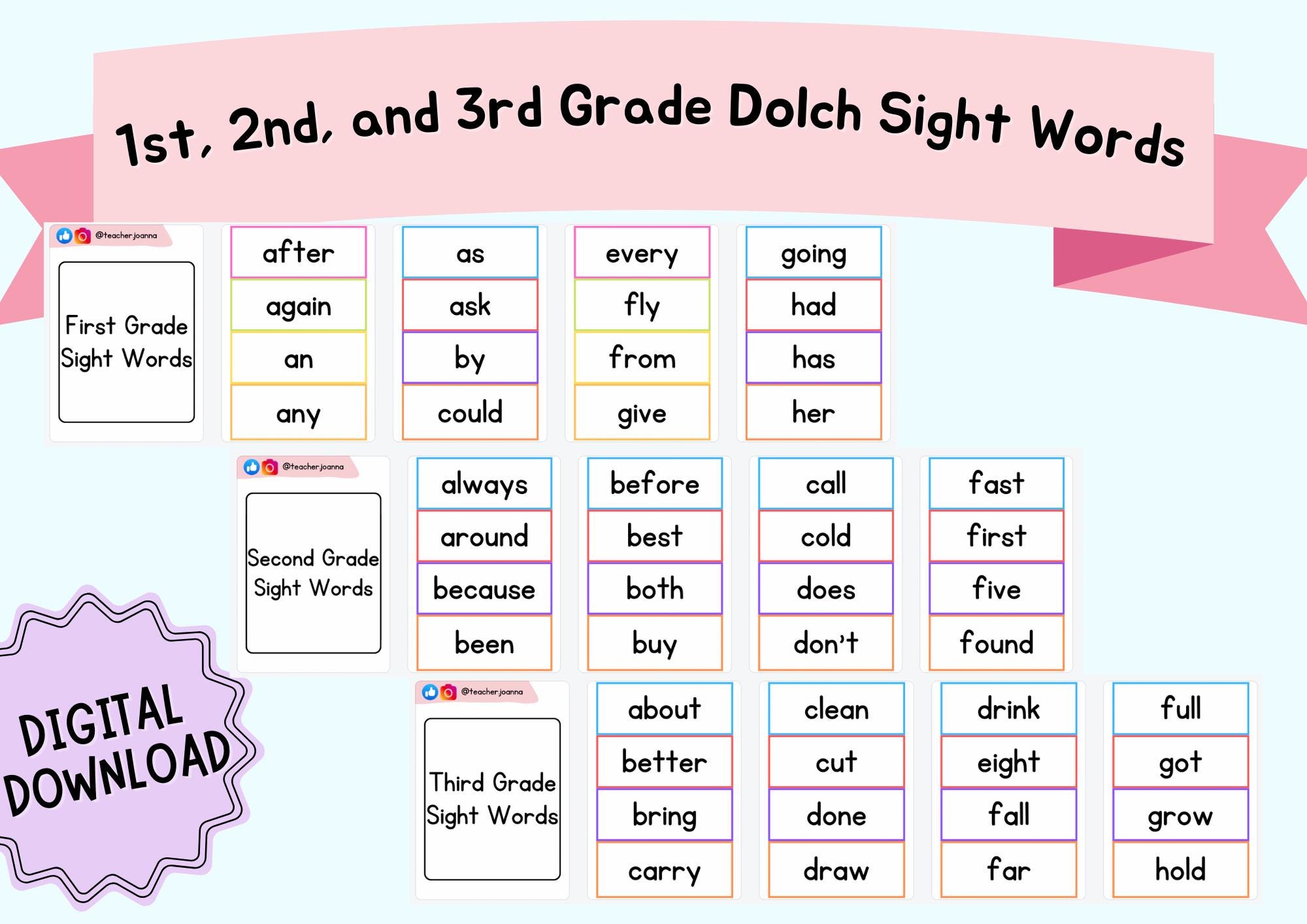1st, 2nd, and 3rd Grade Dolch Sight Words - Etsy
