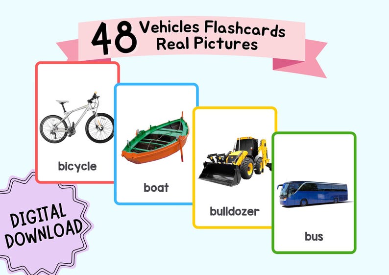48 Vehicles Flashcards | Printable Real Pictures Flashcards | Preschool ...