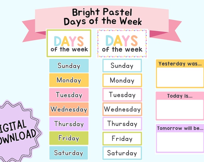 Bright Pastel Classroom Days of the Week | Classroom Decoration - Etsy