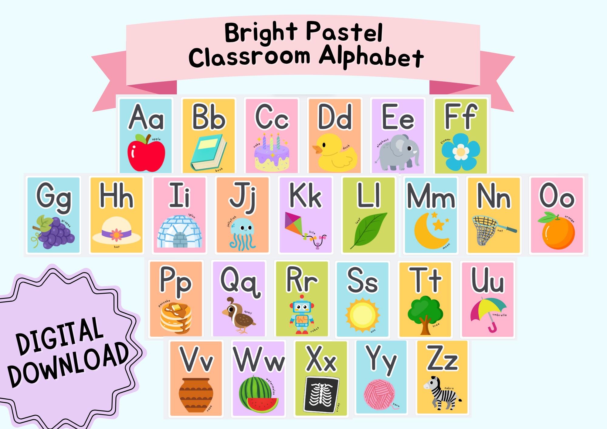 Bright Pastel Classroom Alphabet Poster, Printable Aa to Zz Posters ...
