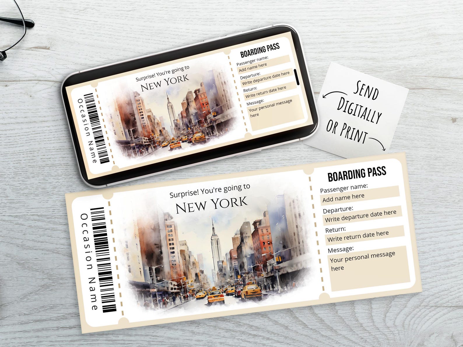 Editable New York Boarding Pass Template, Surprise Printable Watercolor ...