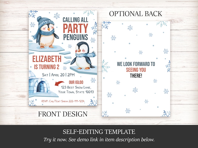 Editable Penguin Birthday Invitation Template, Winter Party Cute ...
