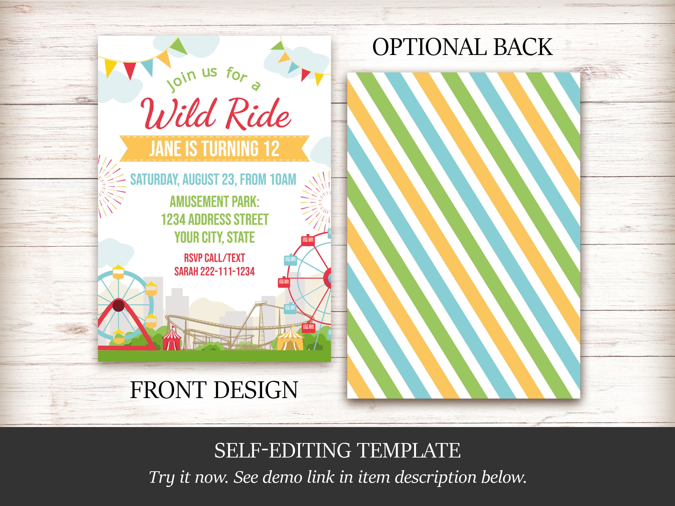 Amusement Park Birthday Invite, Editable Carnival Theme Birthday Party ...