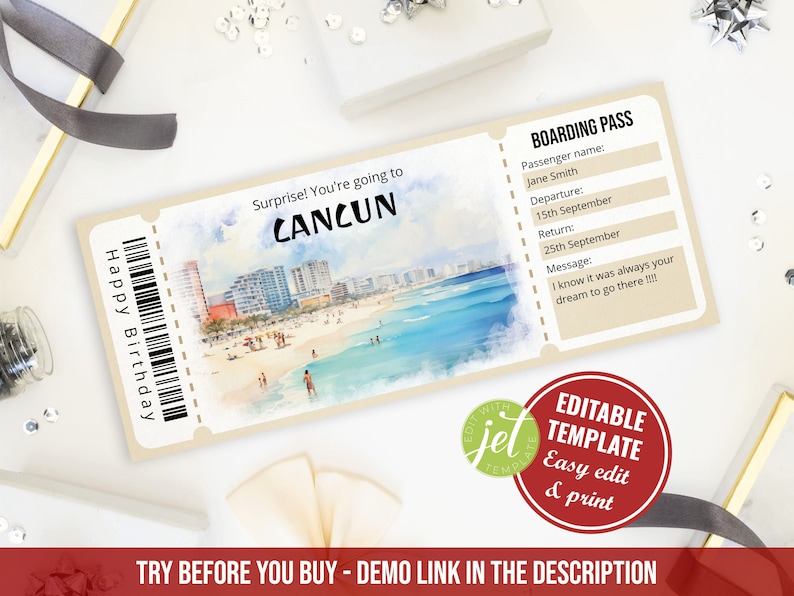 Printable Cancun Boarding Pass Template, Personalized Editable Cancun ...