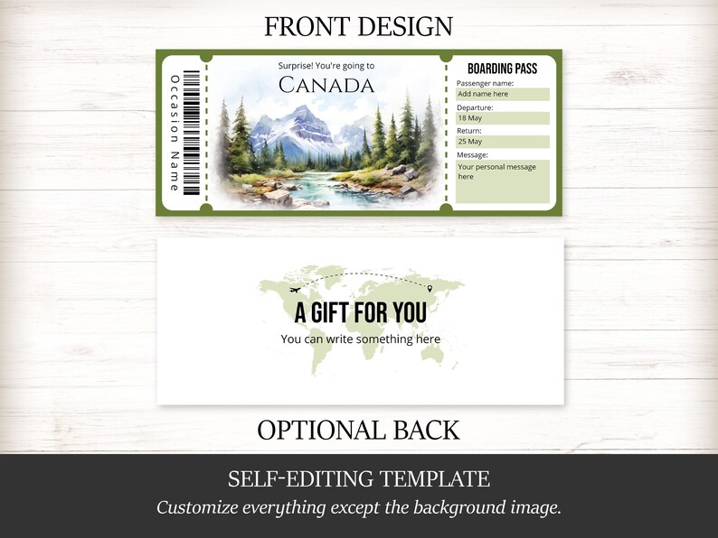 Editable Canada Boarding Pass Template, Watercolor Surprise Canada Trip ...