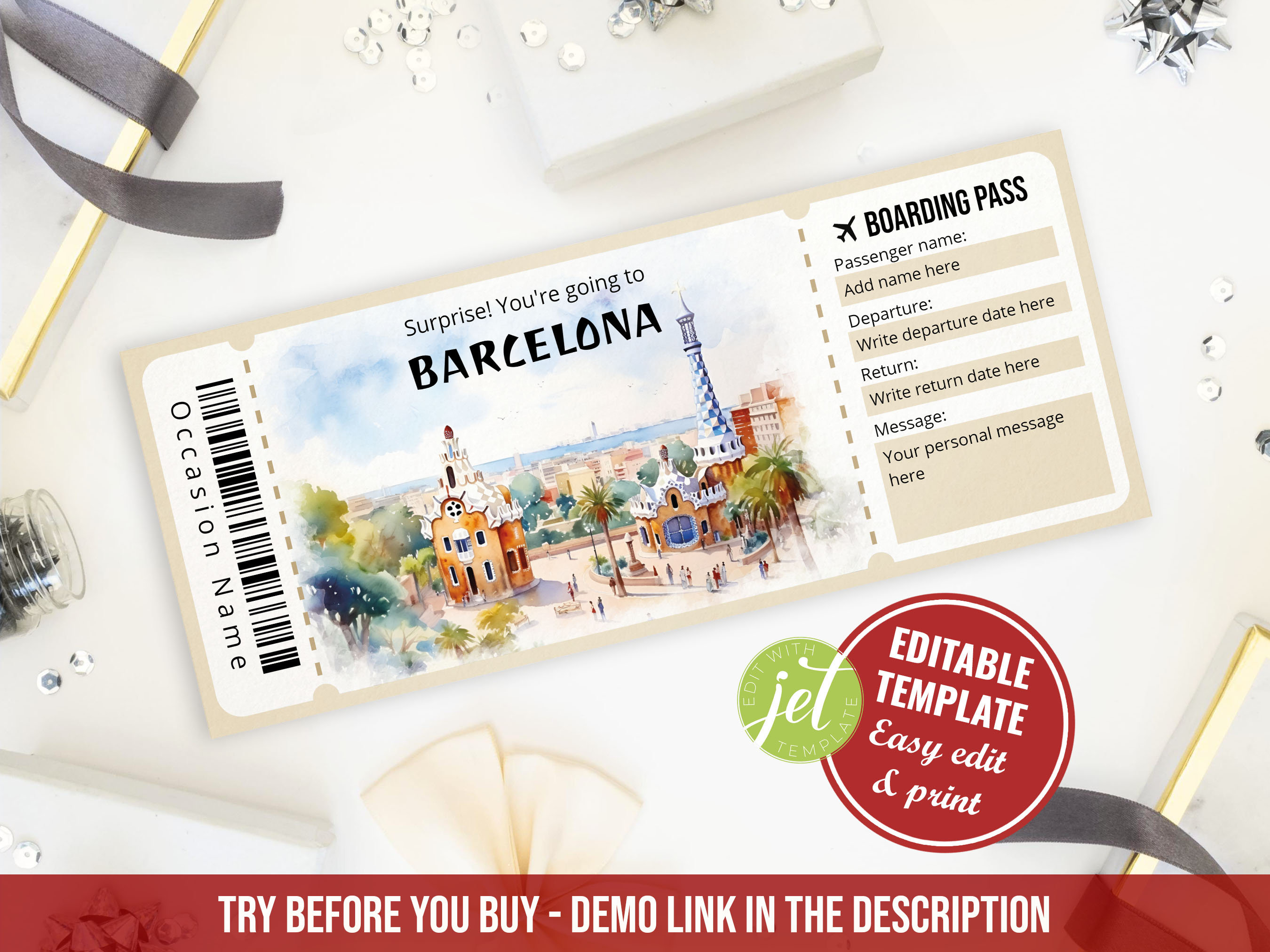 Editable Barcelona Boarding Pass Template, Personalized Gift Printable ...