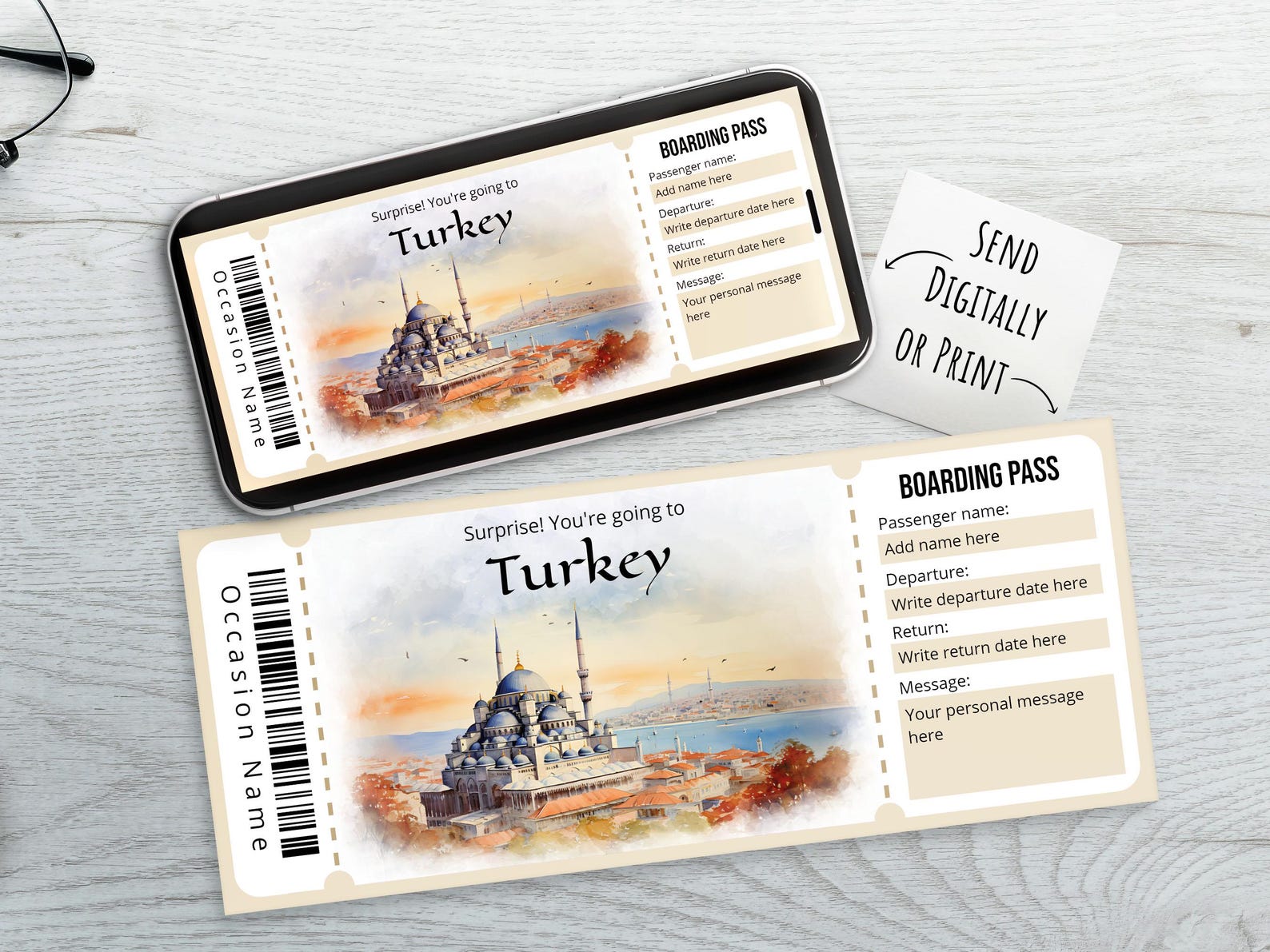 Editable Turkey Boarding Pass Template, Watercolor Surprise Turkey Trip ...