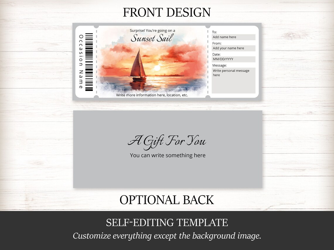 Editable Watercolor Sunset Sailing Ticket Template, Surprise Sailing ...