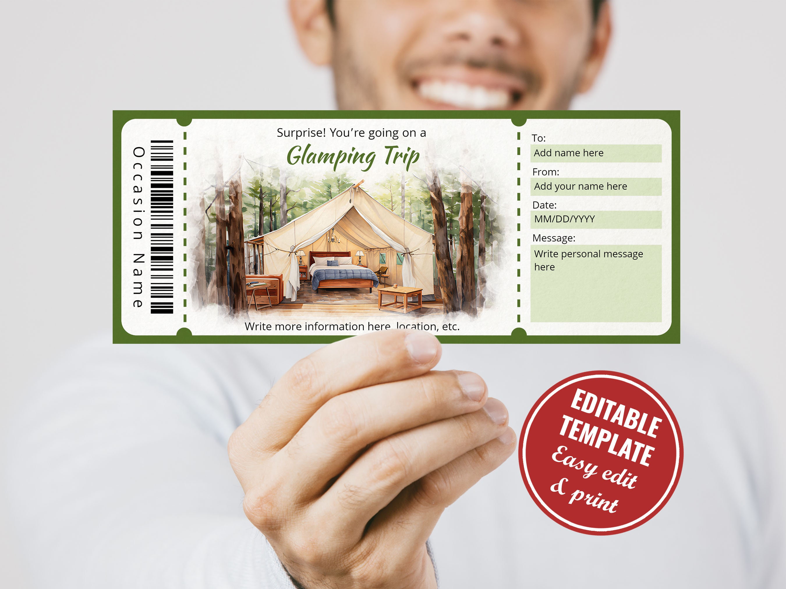 Editable Glamping Trip Voucher Template, Watercolor Surprise Reveal ...