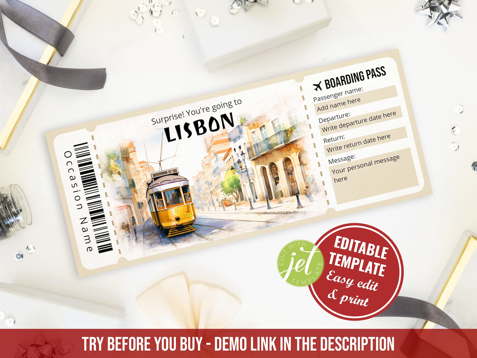 Editable Lisbon Boarding Pass Template, Personalized Gift Printable ...