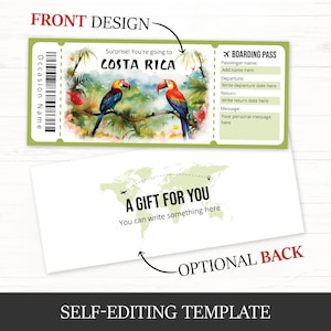 Editable Costa Rica Boarding Pass Template, Personalized Gift Printable ...