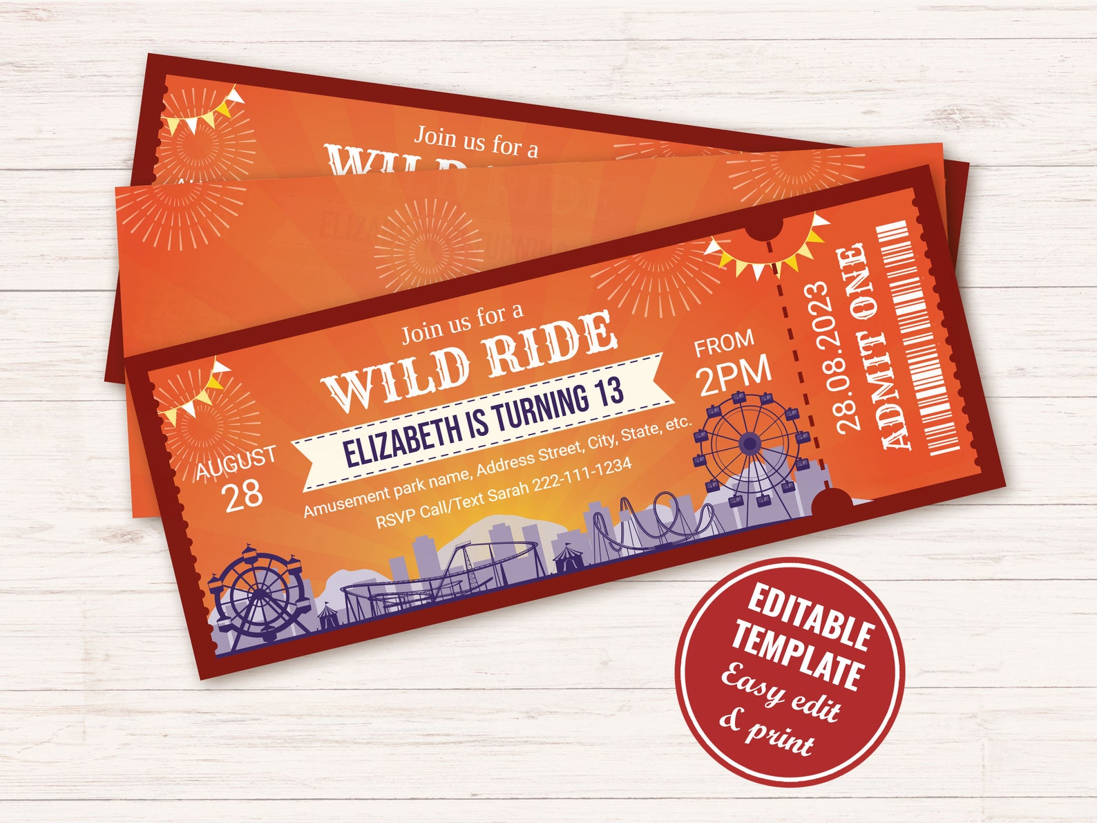 Amusement Park Invite Ticket Template, Editable Carnival Theme Birthday ...