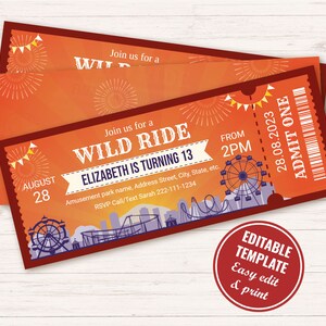 Amusement Park Invite Ticket Template, Editable Carnival Theme Birthday ...