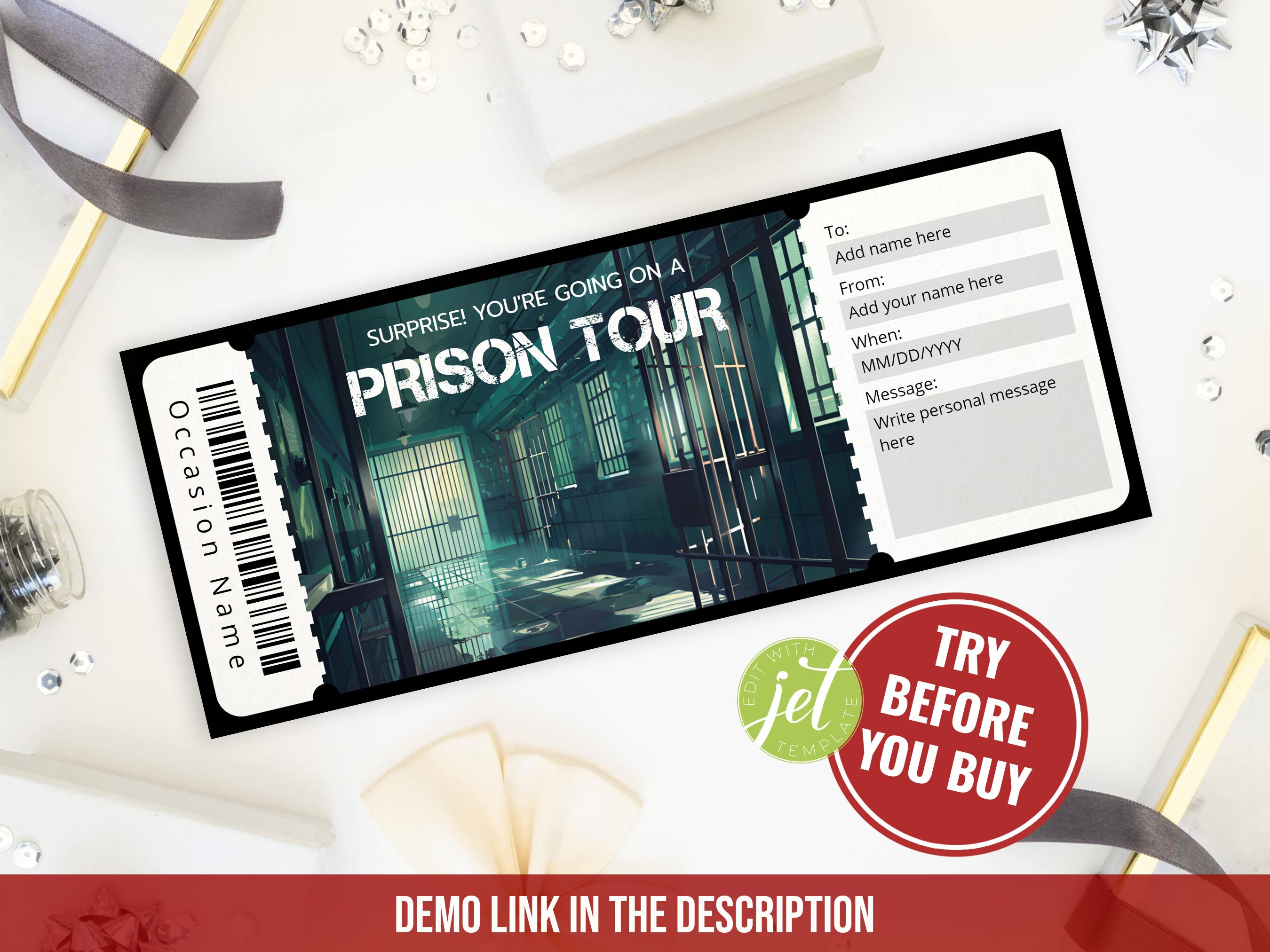 Editable Prison Tour Ticket Gift Certificate Template, Surprise Printable Jail Tour Gift Voucher ...