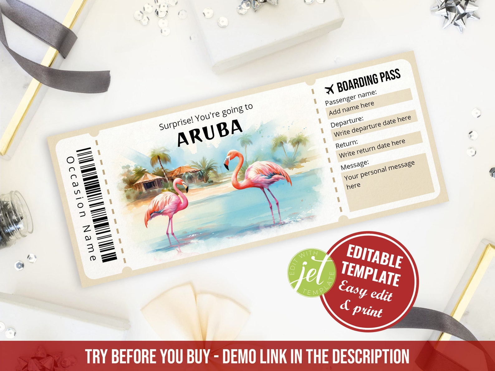 Editable Aruba Boarding Pass Template, Personalized Gift Printable ...