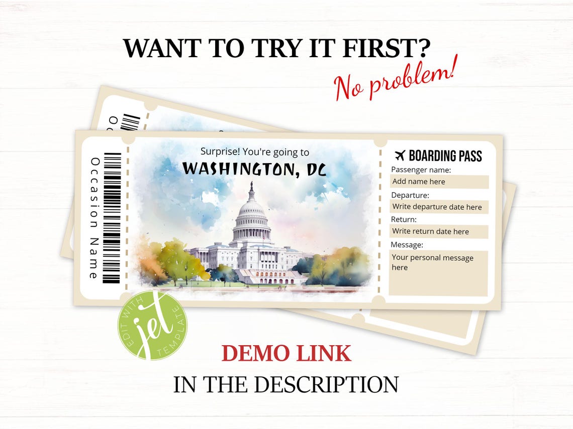 Surprise Washington DC USA Trip Reveal Gift Ticket Template, Editable ...