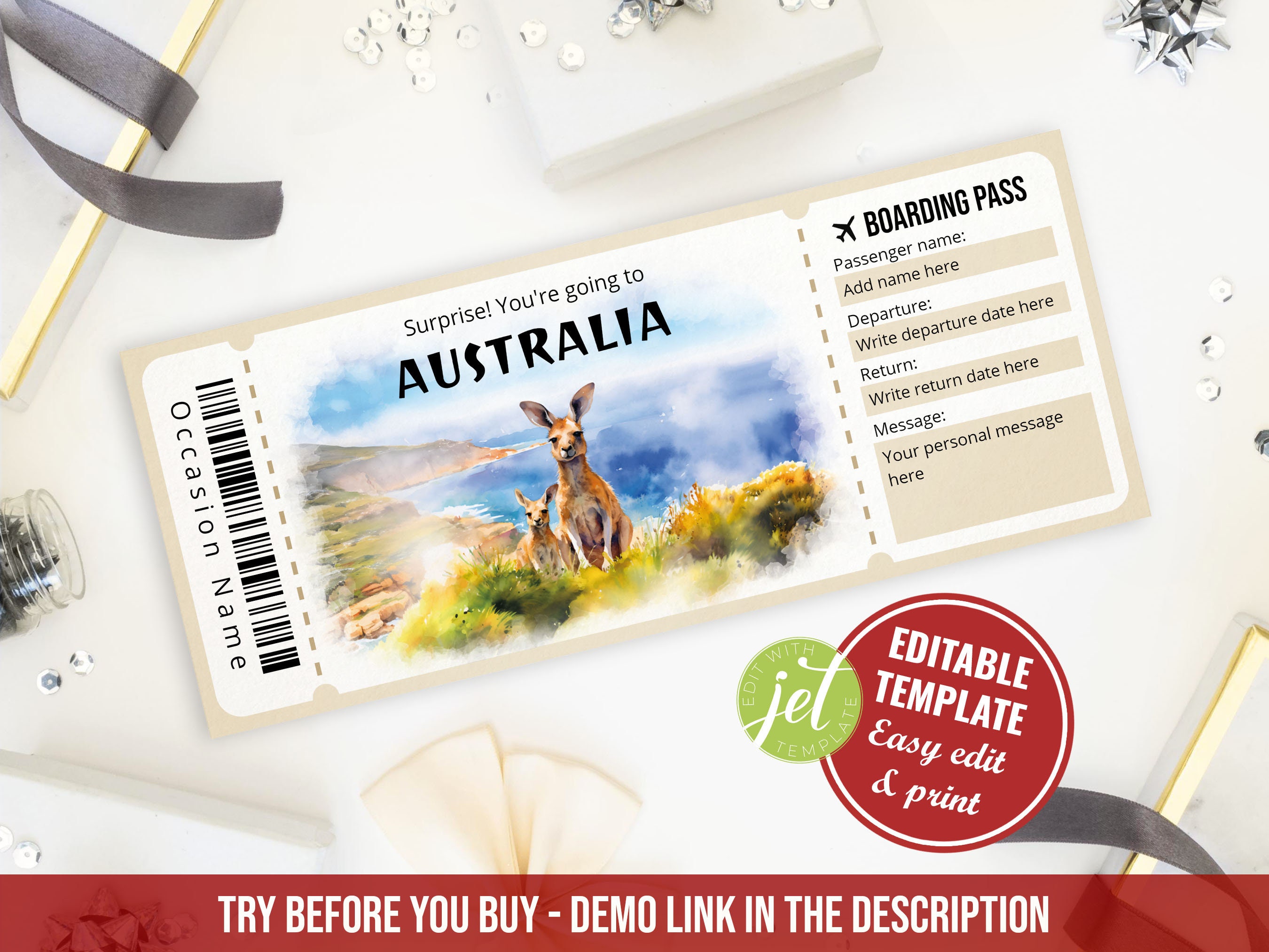 Editable Australia Boarding Pass Template, Personalized Gift Printable ...