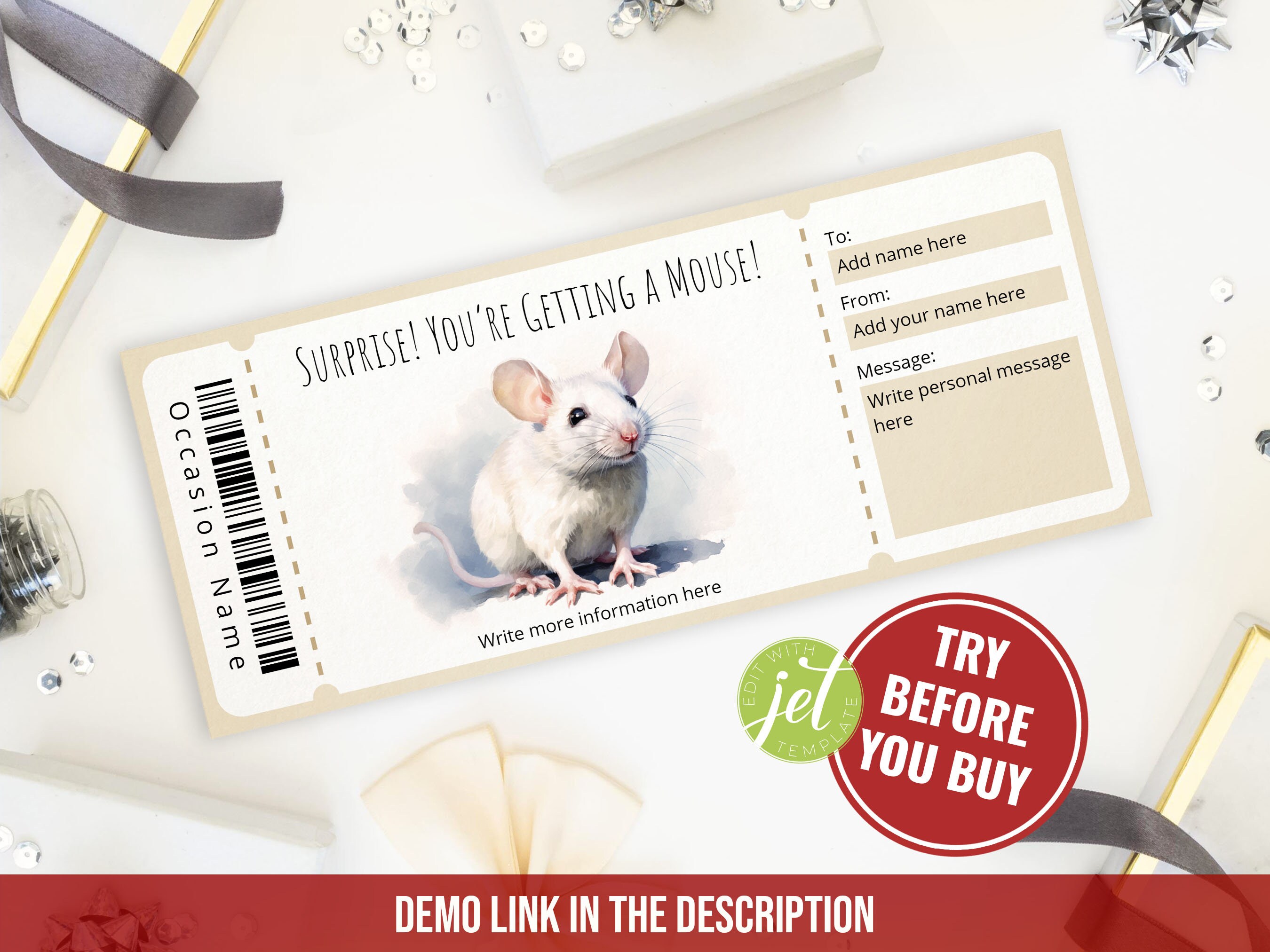Editable Mouse Gift Certificate Template for Mouse Lover, Personalized ...