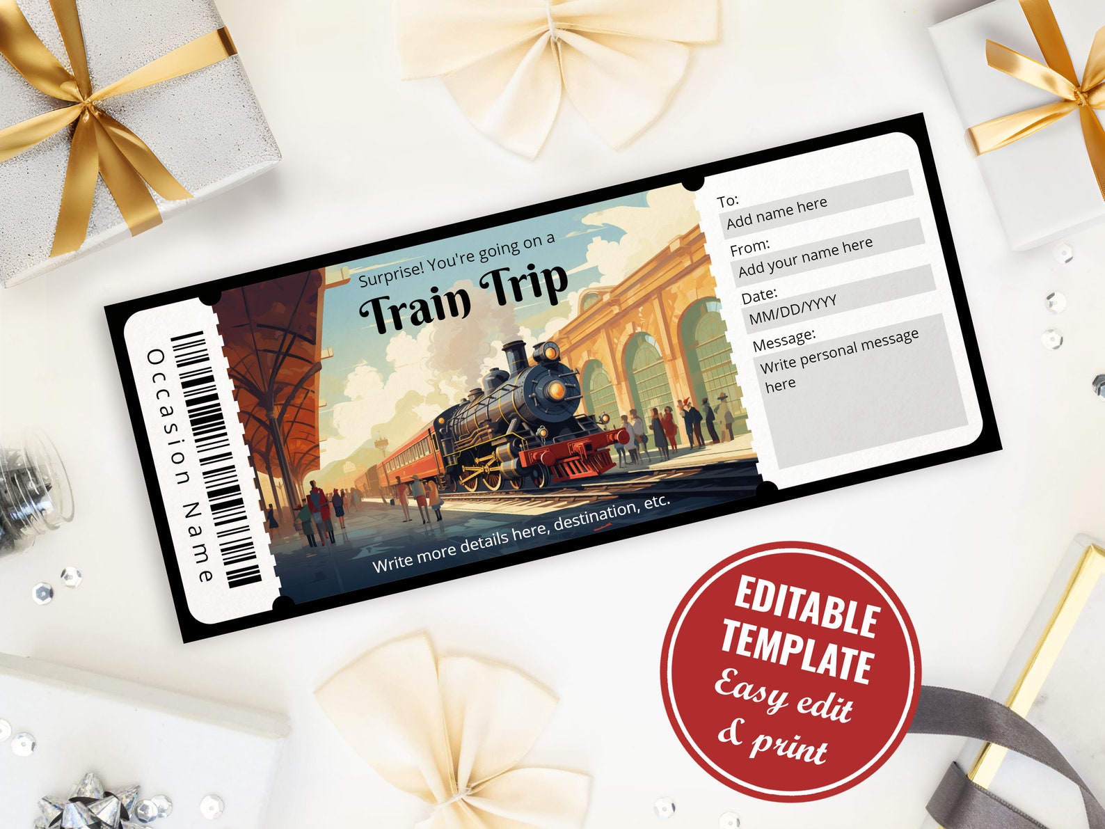 Editable Train Ticket Template, Retro Railway Ticket Surprise Gift ...