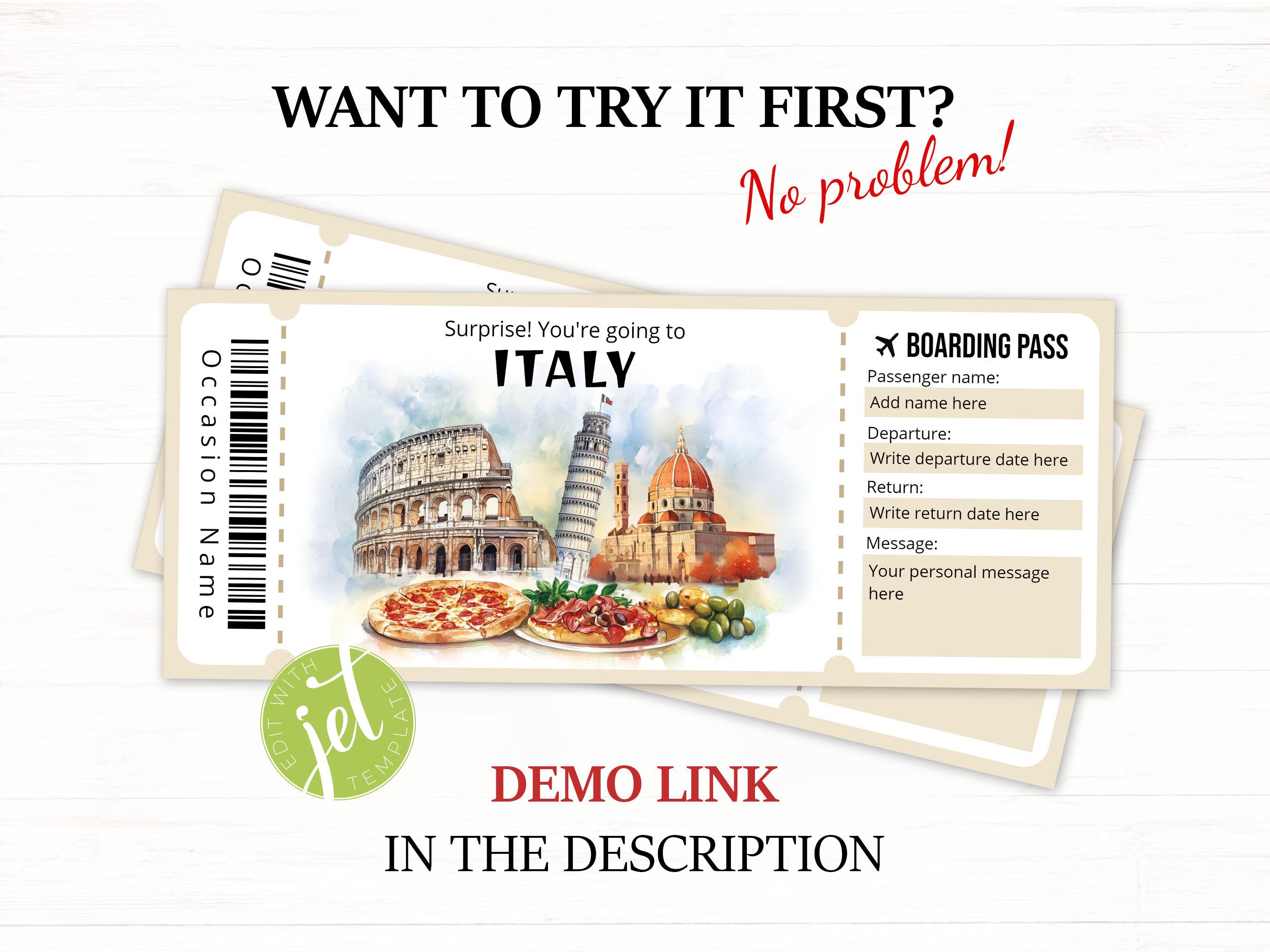 Surprise Italy Trip Reveal Gift Ticket Template - Custom Italy Boarding ...