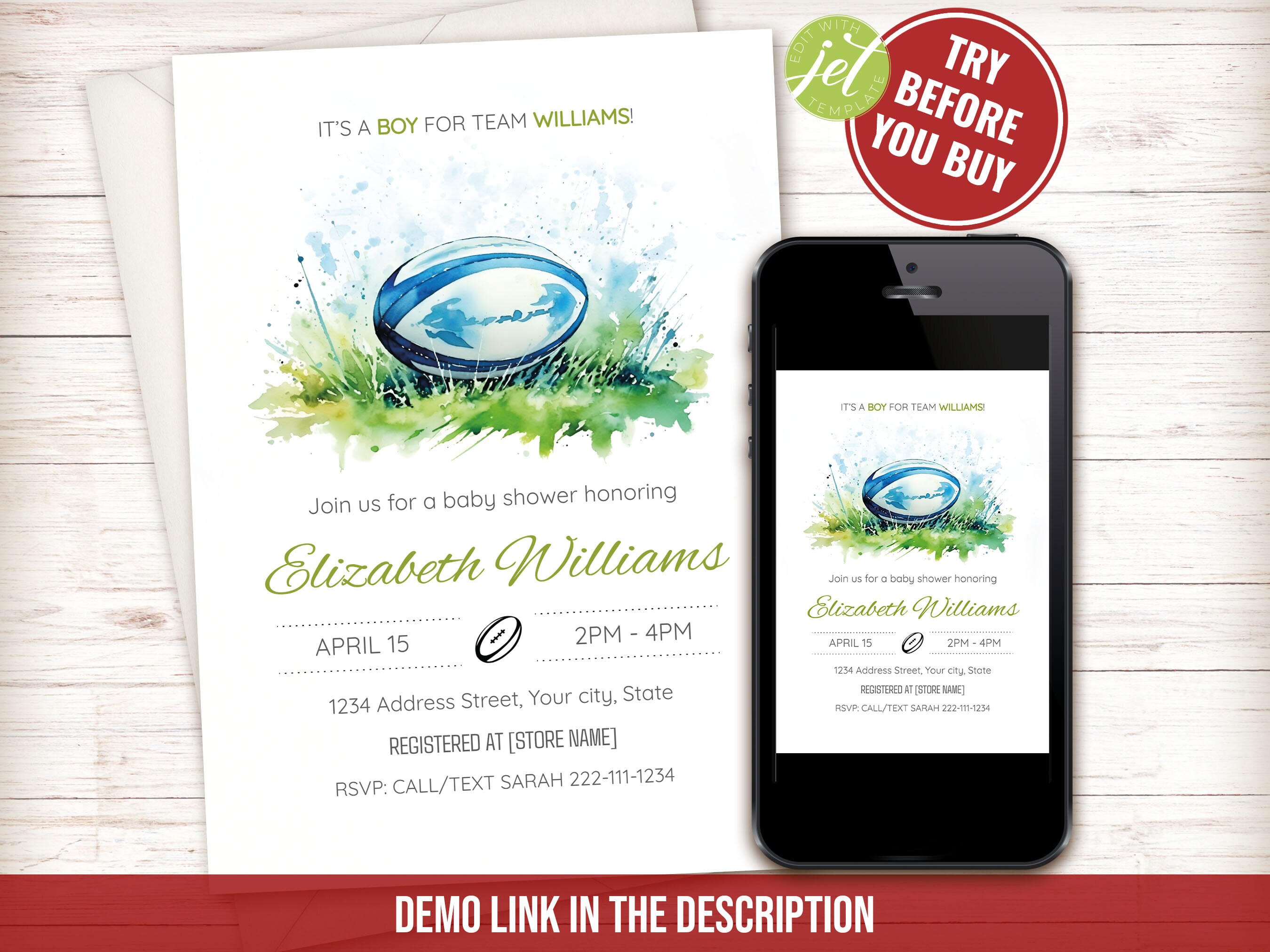 Editable Rugby Baby Shower Invitation Template, Elegant Watercolor ...