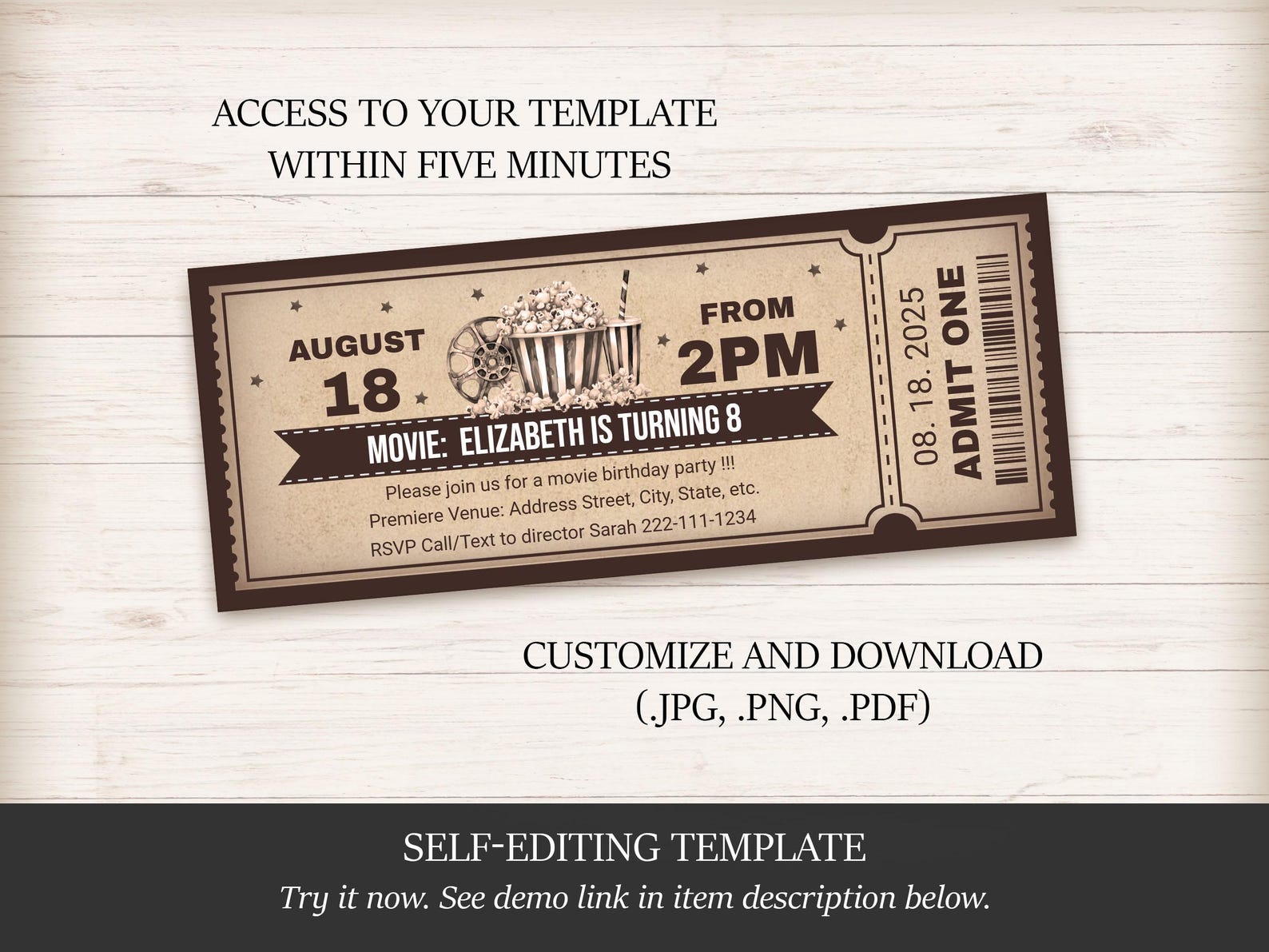Editable Retro Movie Ticket Birthday Invitation Template, Digital Movie ...