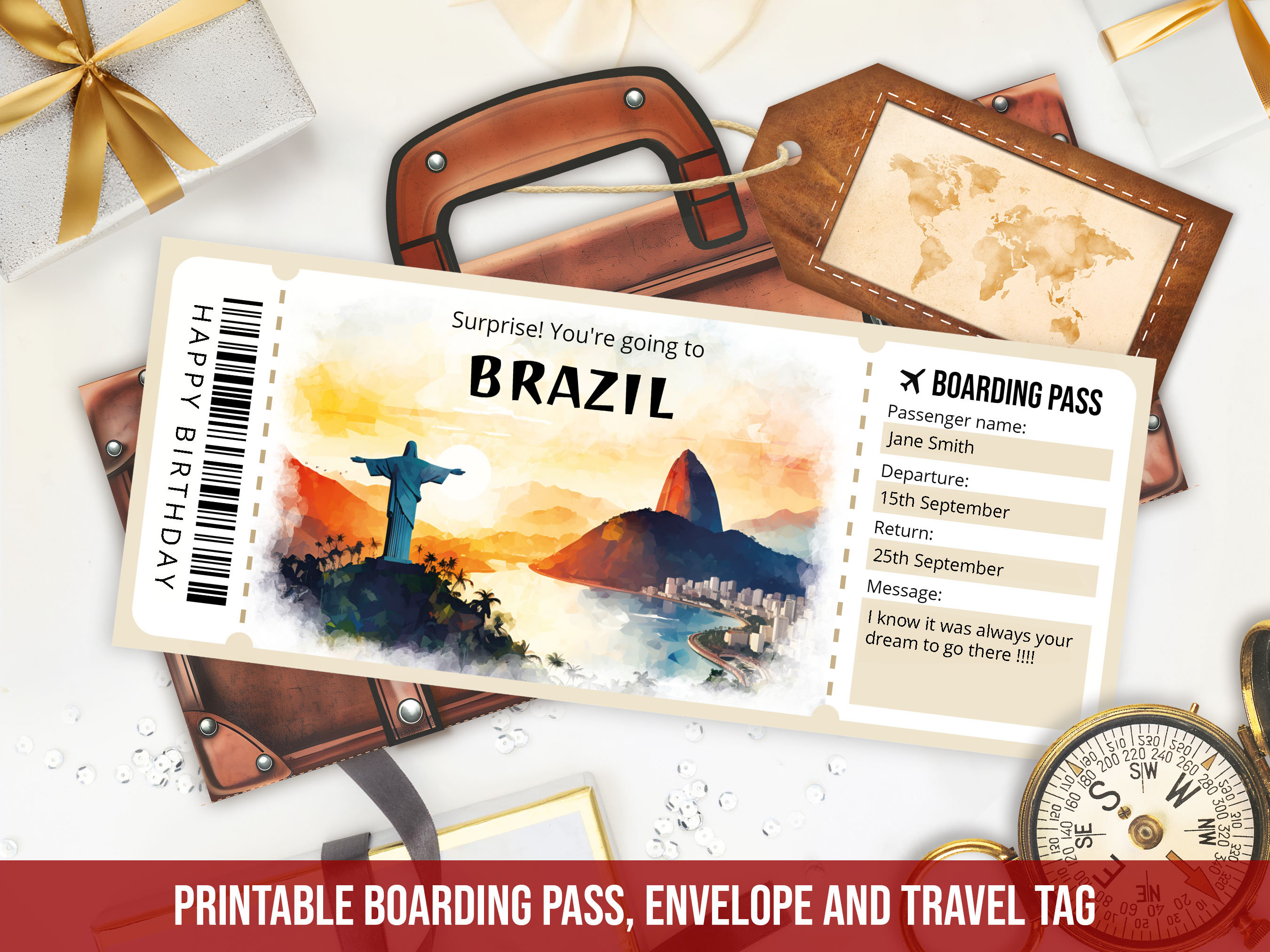 Editable Brazil Boarding Pass Template, Personalized Gift Printable ...