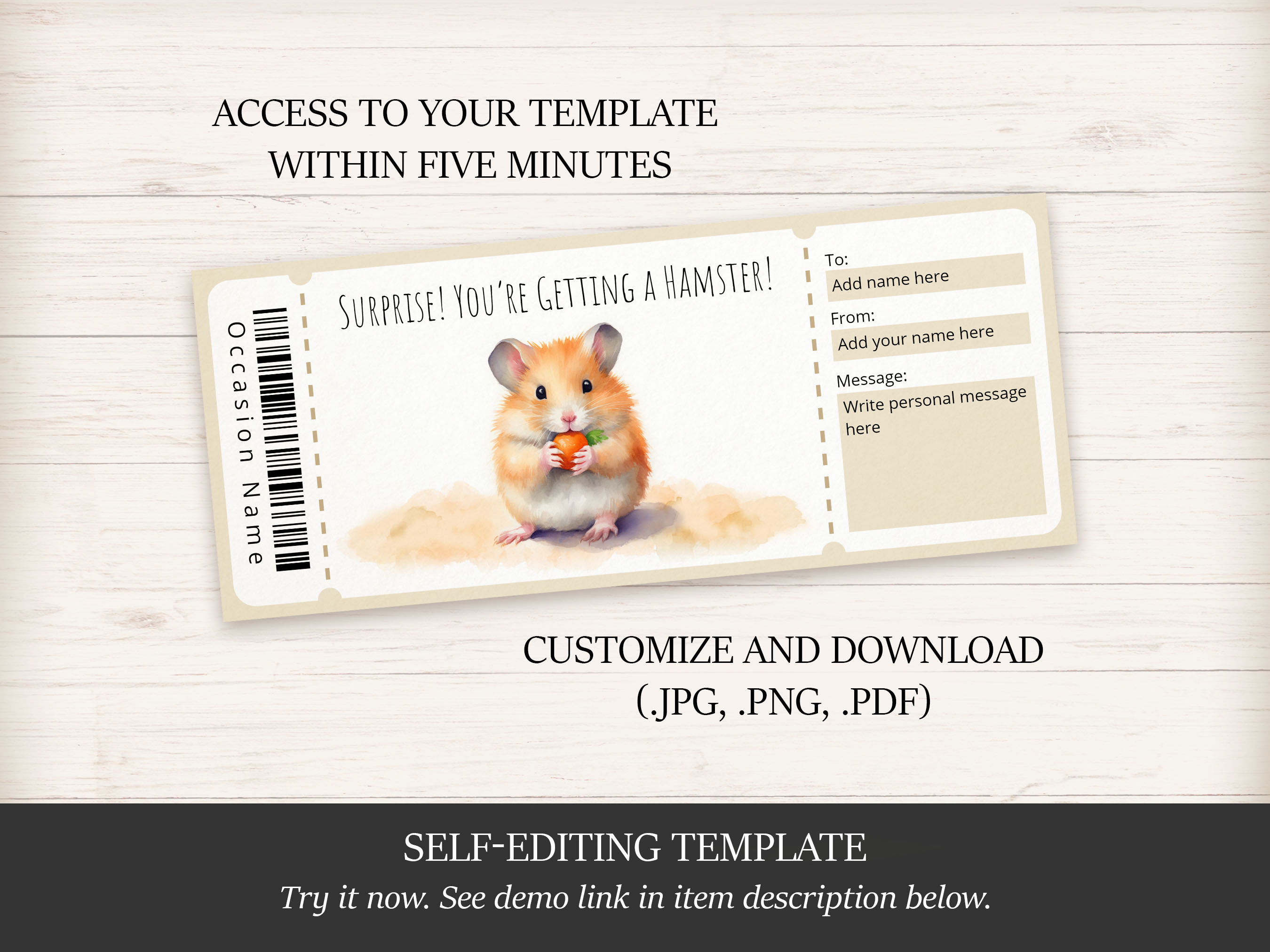 Editable Hamster Gift Certificate Template, Personalized Printable ...
