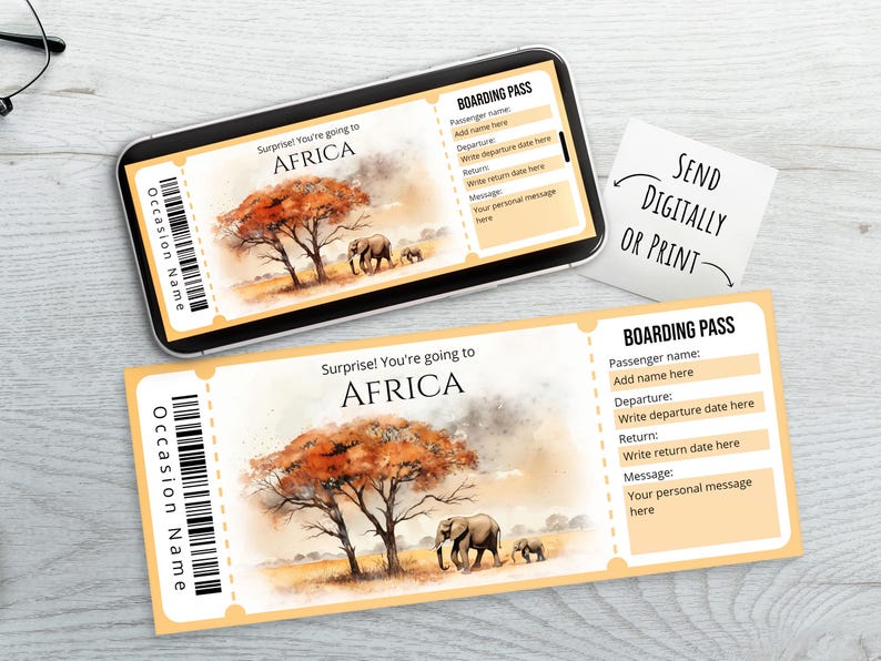 Editable Africa Boarding Pass Template, Watercolor Surprise Africa Trip ...