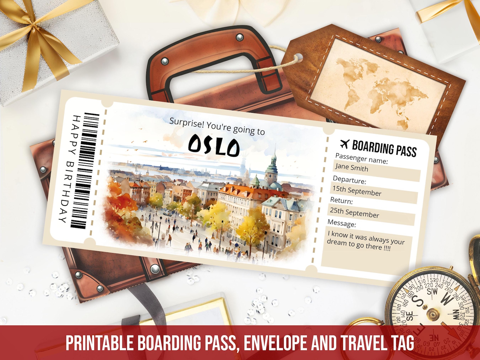 Editable Oslo Boarding Pass Template, Surprise Watercolor Oslo Norway ...