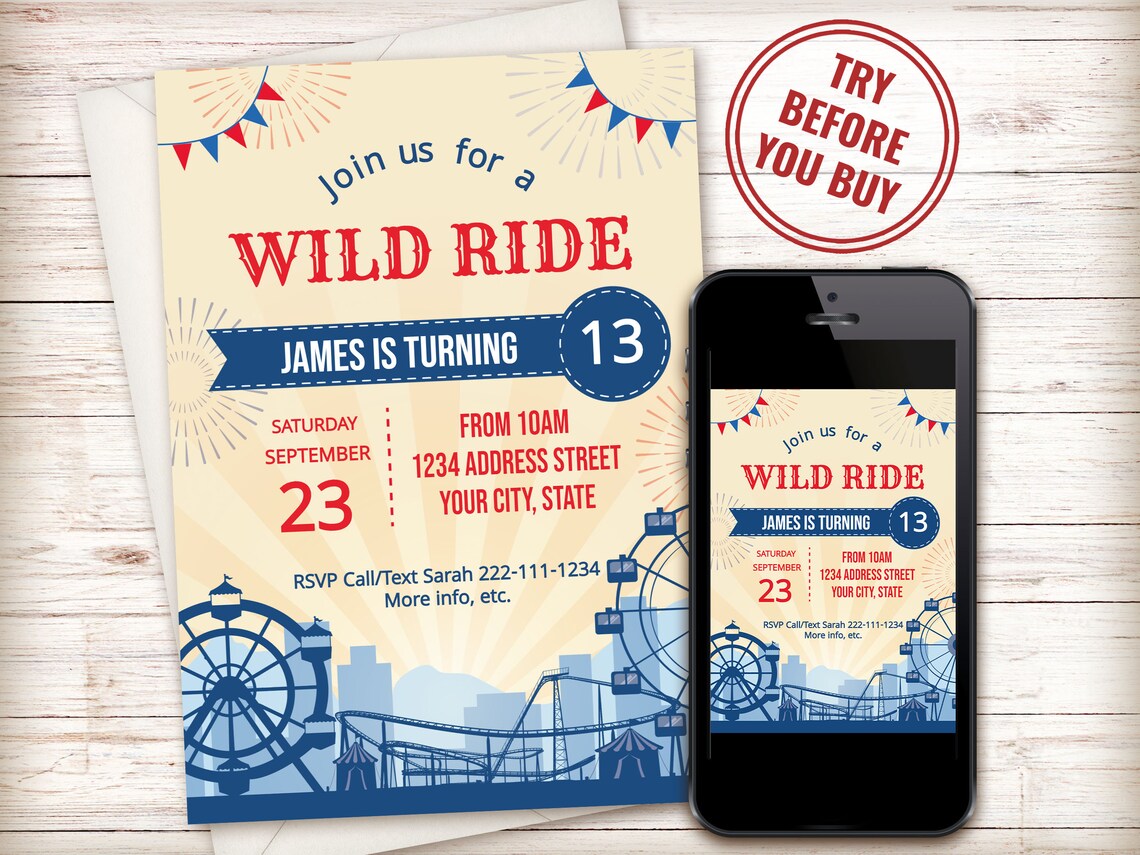 Amusement Park Birthday Party Invitation Template, Editable Birthday ...