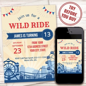 Amusement Park Birthday Party Invitation Template, Editable Birthday ...