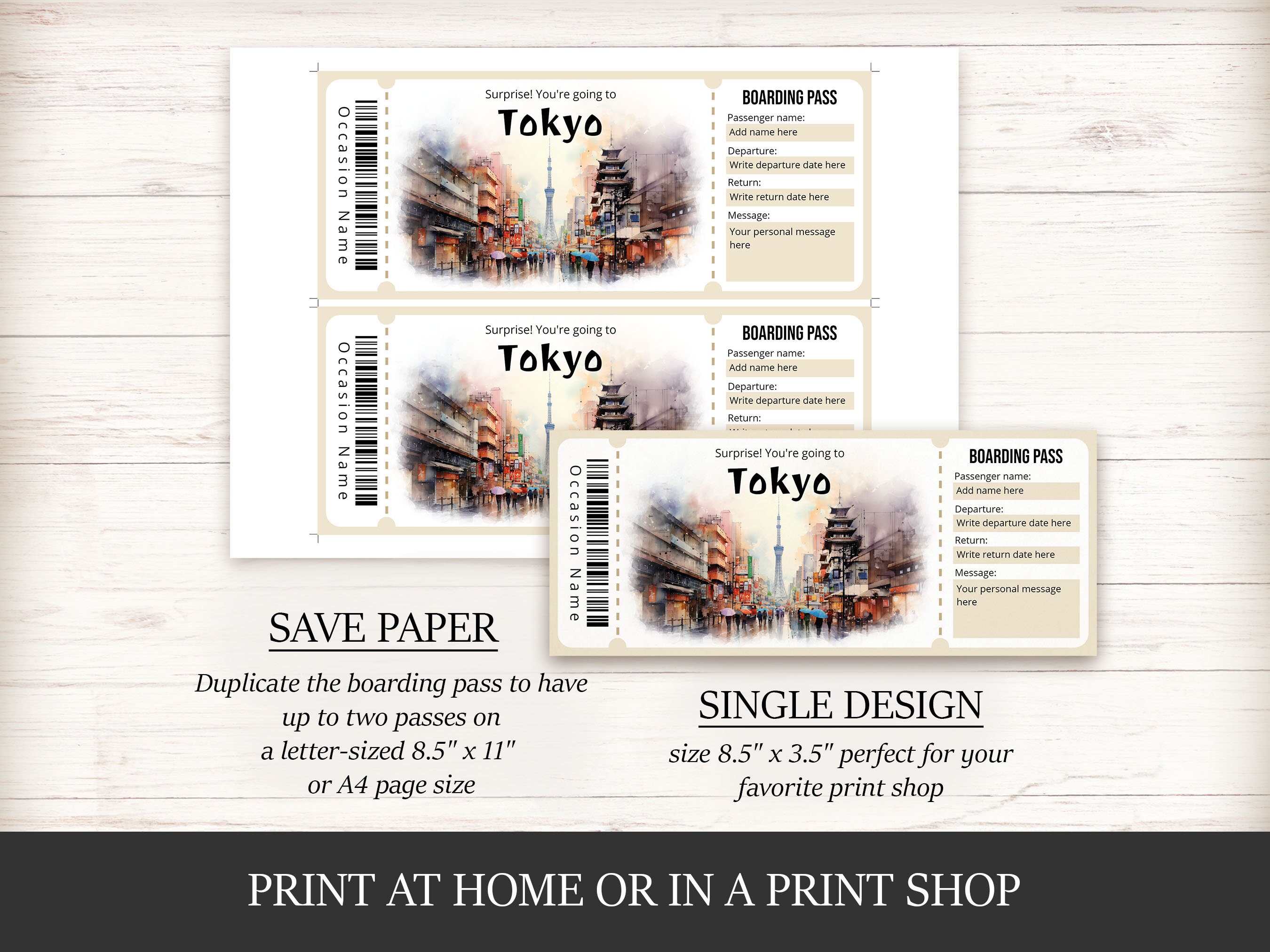 Editable Tokyo Boarding Pass Template, Printable Watercolor Custom ...