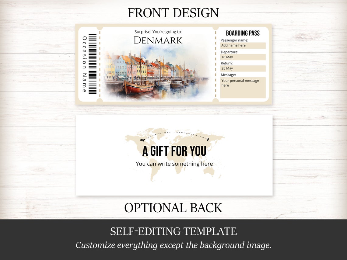 Editable Denmark Boarding Pass Template, Printable Personalized Gift ...
