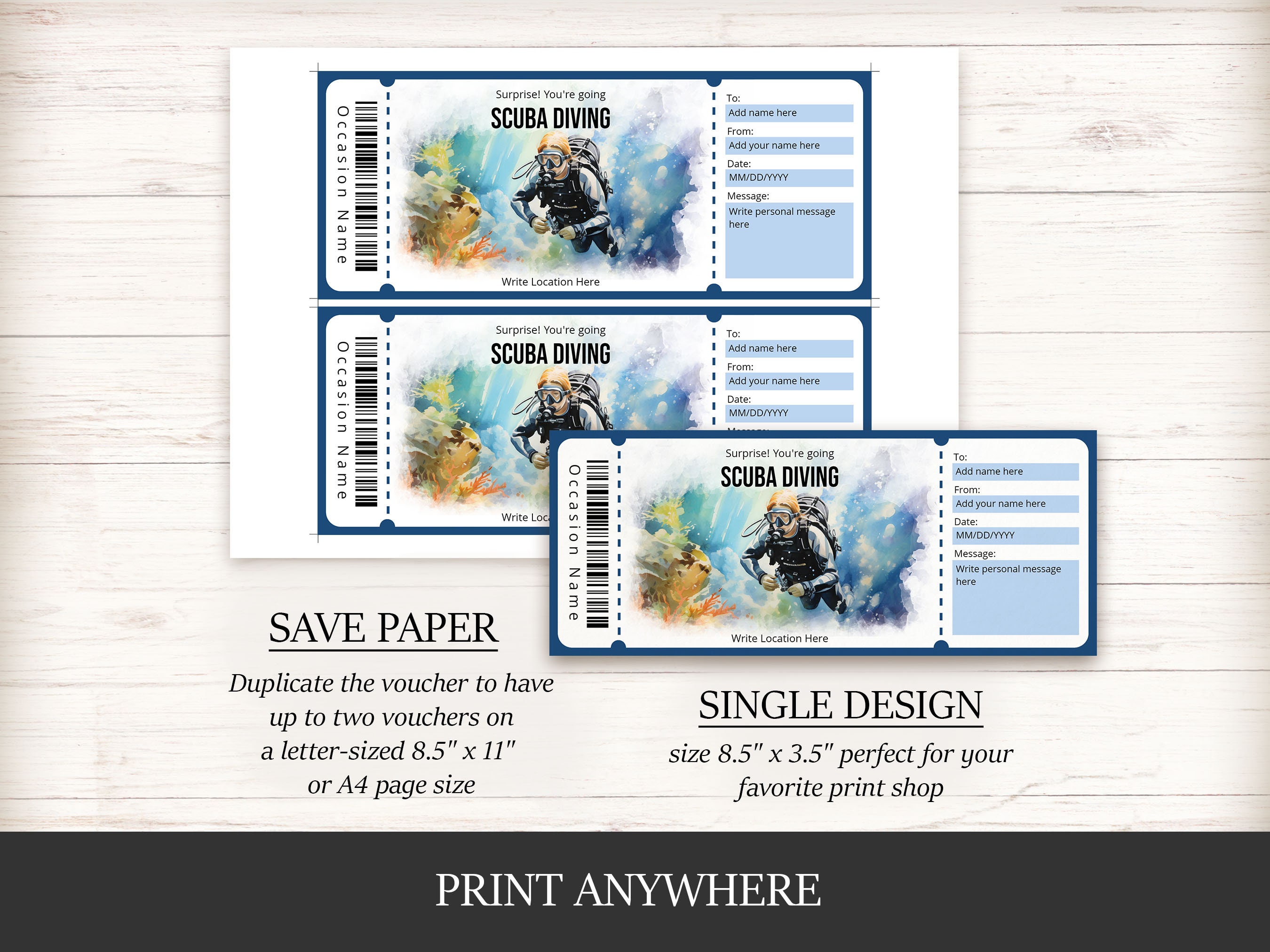 Editable Watercolor Scuba Diving Gift Certificate Template - Perfect ...