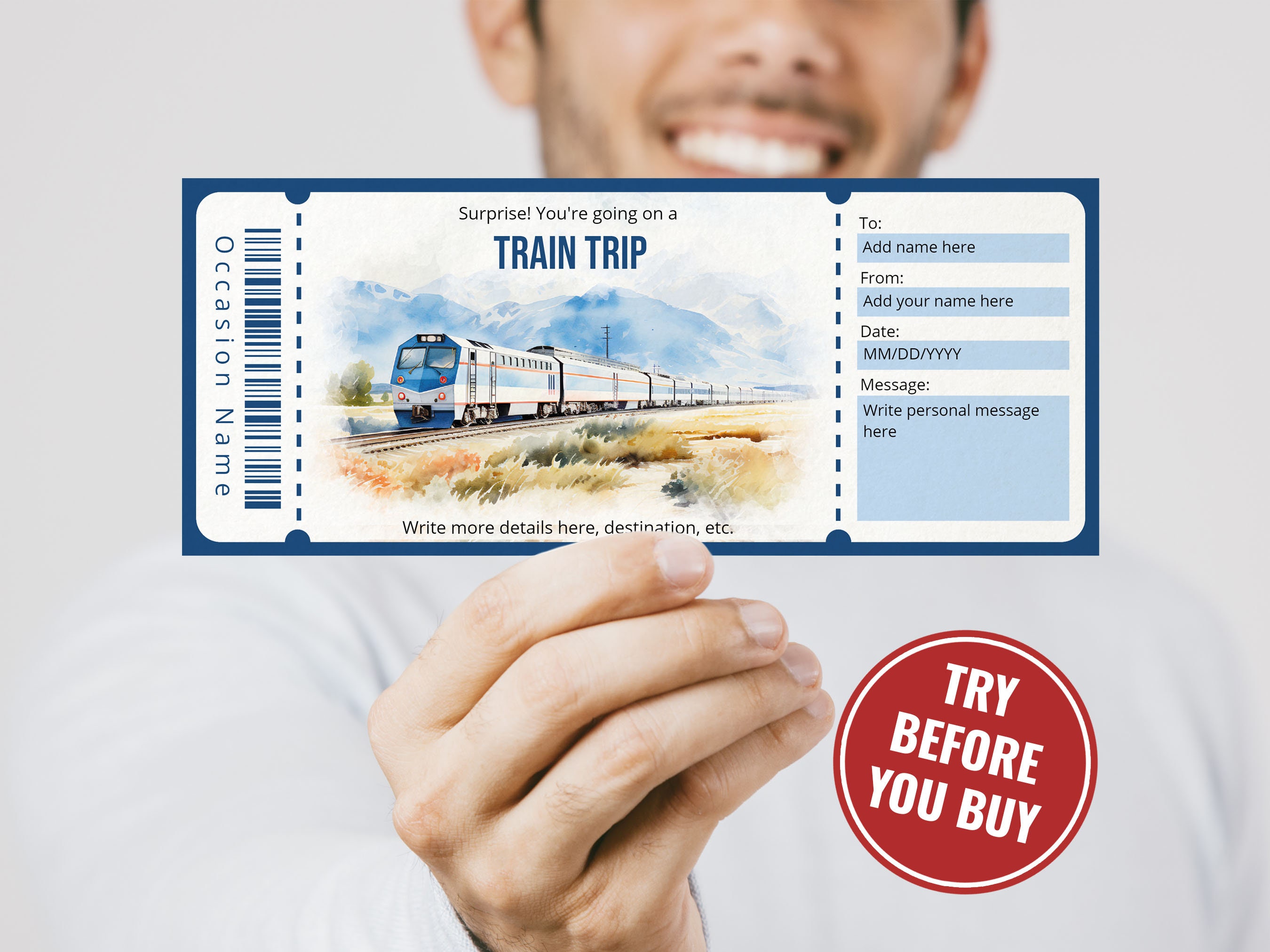 Editable Watercolor Train Ticket Template, Railway Ticket Surprise Gift ...