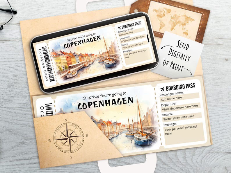 Editable Copenhagen Boarding Pass, Surprise Copenhagen Trip Reveal Gift ...