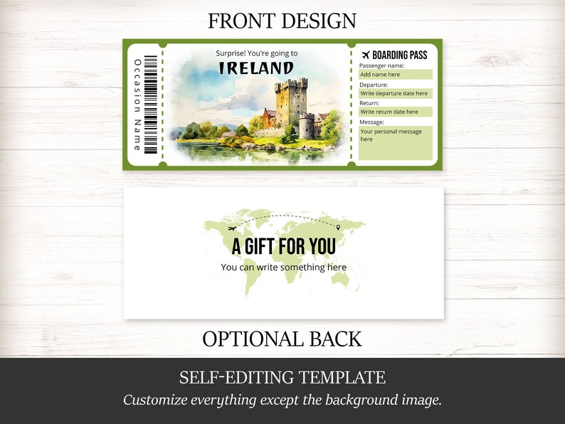 Editable Ireland Boarding Pass Template, Personalized Gift Printable ...