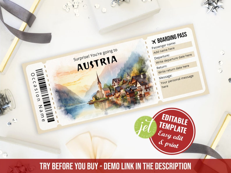 Editable Austria Boarding Pass Template, Personalized Gift Printable ...