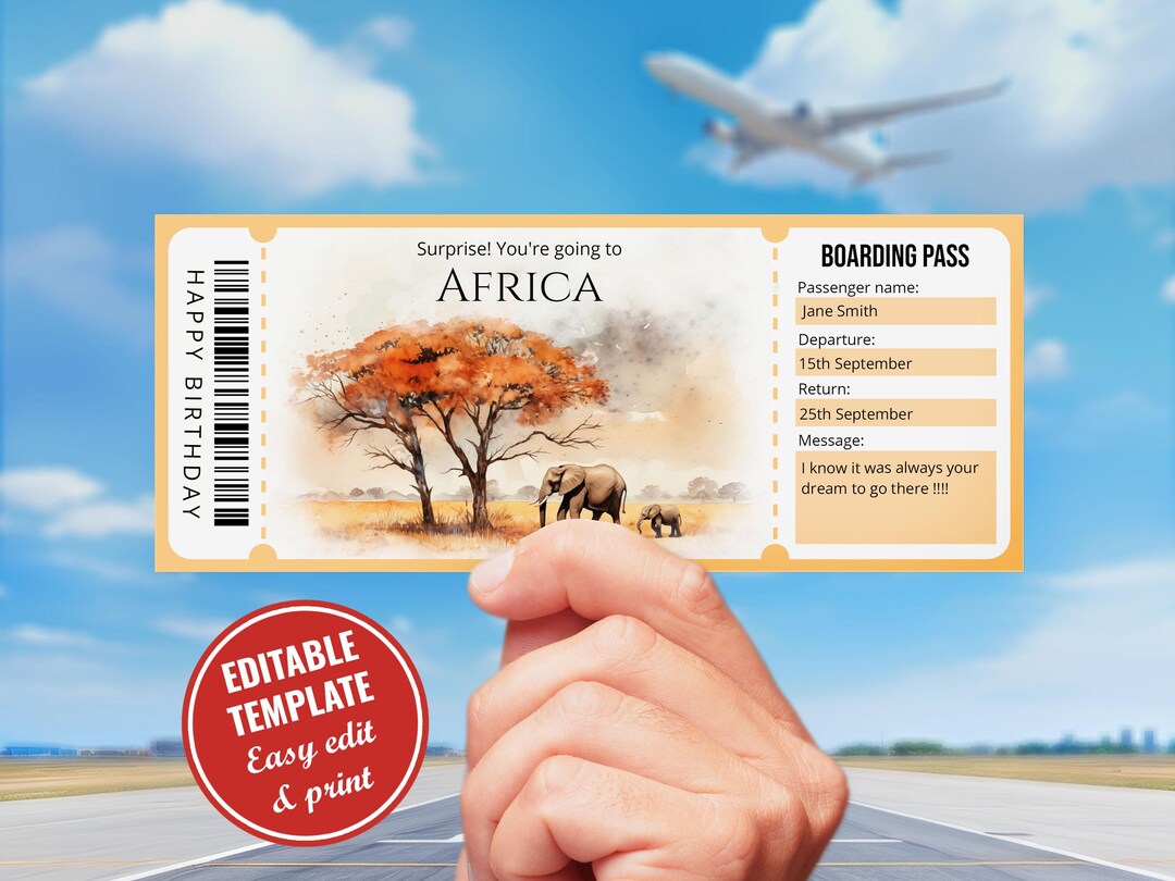Editable Africa Boarding Pass Template, Watercolor Surprise Africa Trip ...