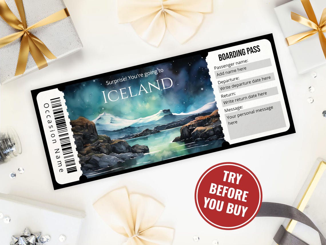 Editable Iceland Boarding Pass Template, Surprise Printable Watercolor ...