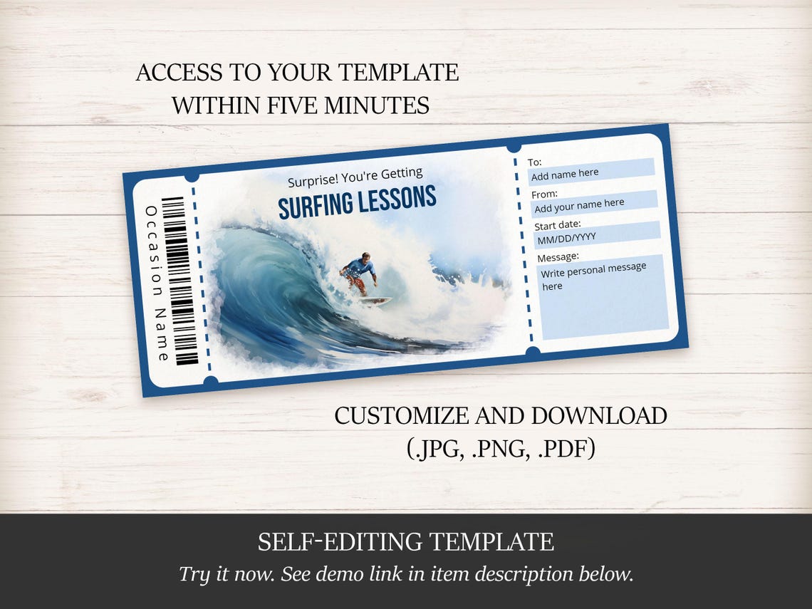 Editable Surfing Gift Certificate Template for Surf Lover, Printable ...