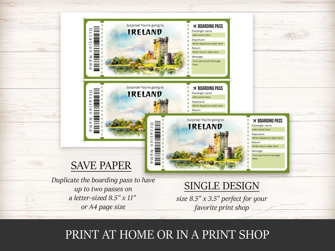 Editable Ireland Boarding Pass Template, Personalized Gift Printable ...