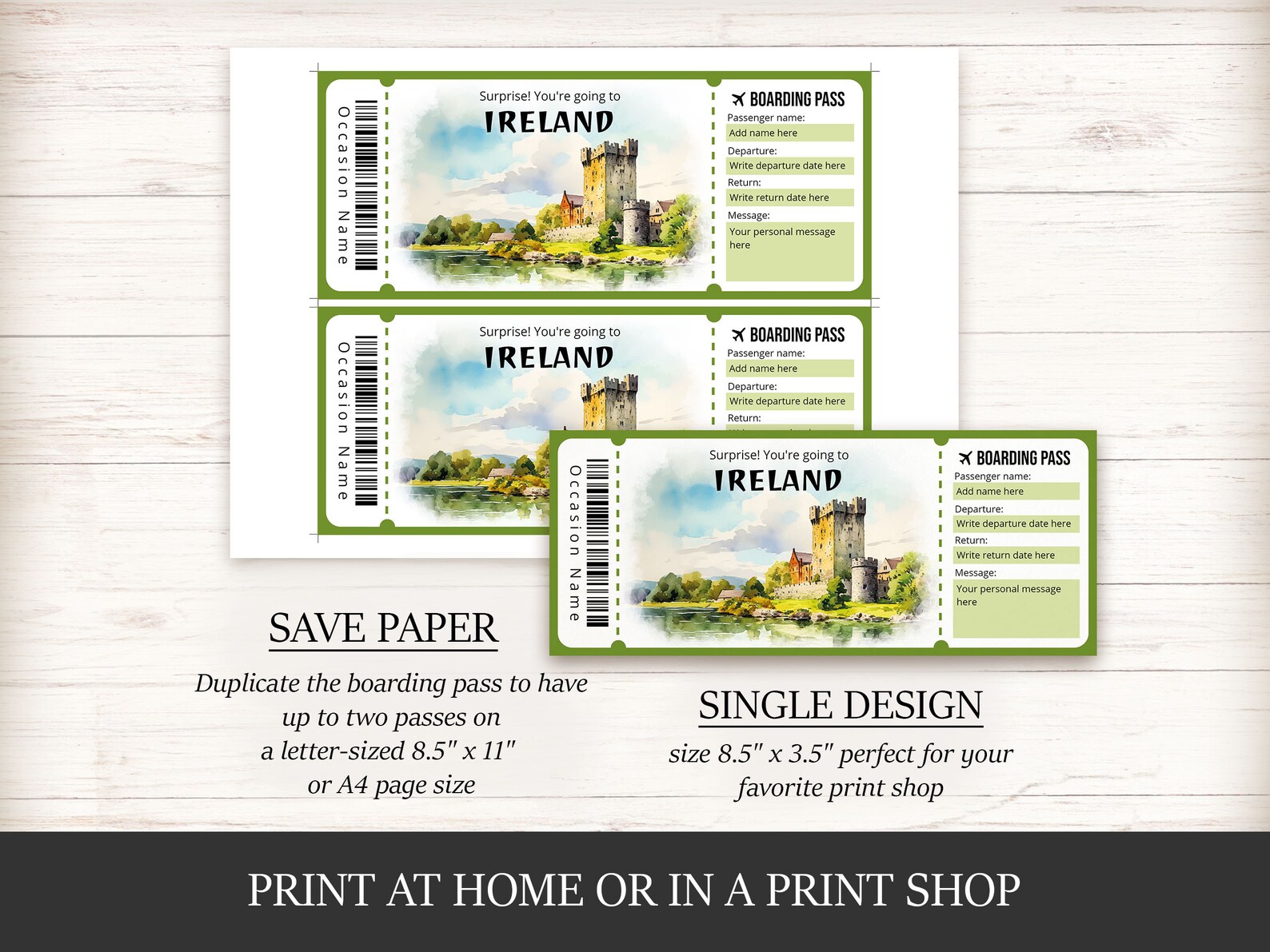 Surprise IRELAND Trip Reveal Gift Ticket Template - Custom Boarding ...