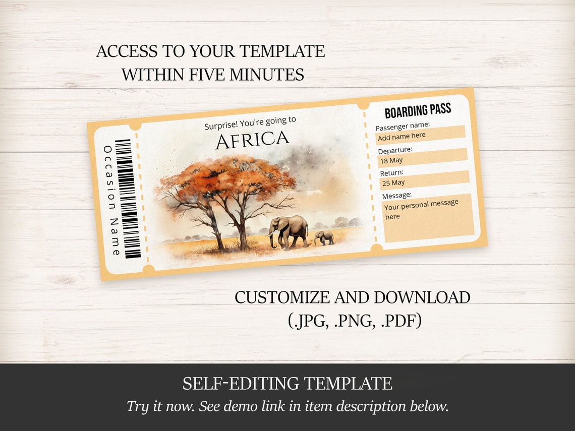 Editable Africa Boarding Pass Template, Watercolor Surprise Africa Trip ...